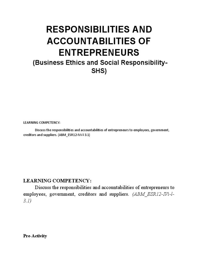 Responsibilities and Accountabilities of Entrepreneurs: (Business ...