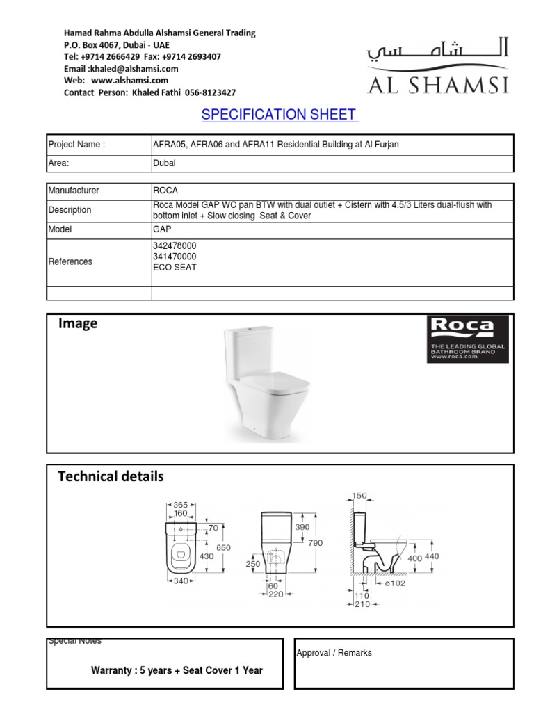 Roca GAP WC Specification for Al Furjan | PDF | Home & Garden