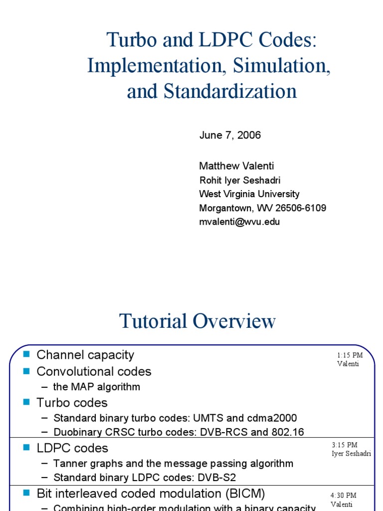 Turbo And Ldpc Codes Implementation Simulation And Standardization Pdf Low Density Parity