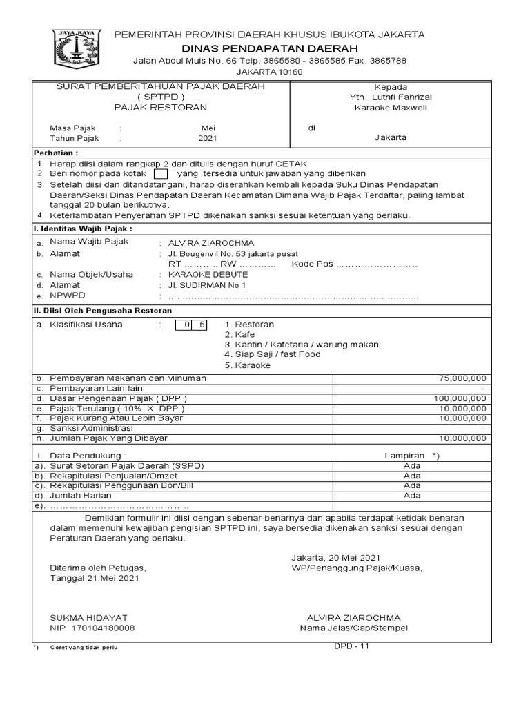 Surat Pemberitahuan Pajak Restoran 2021 | PDF