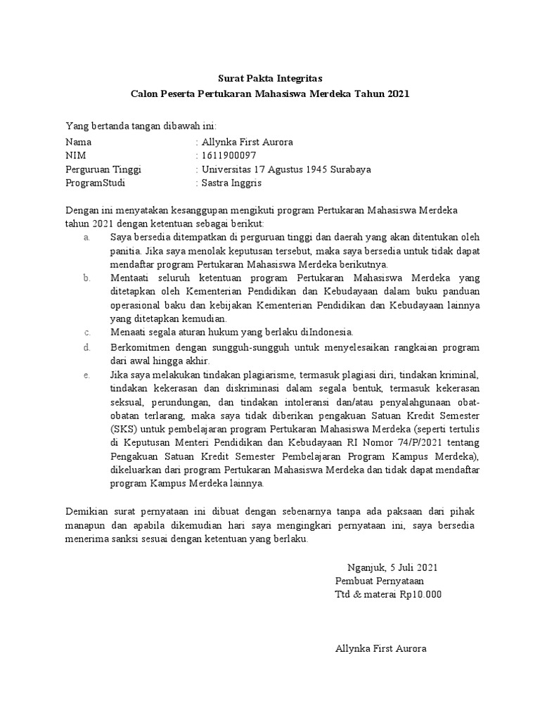 Pakta Integritas Allynka First Aurora | PDF