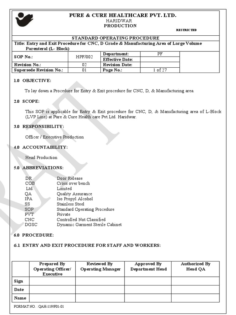 HPF 002 02 Entry and Exit Procedure For CNC D Grade Manufacturing 1 ...