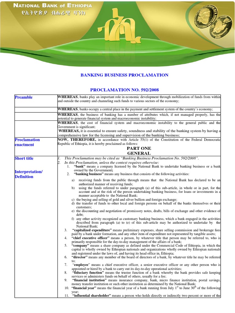 Banking Business Proclamation No. 592/2008 | PDF | Financial Capital ...