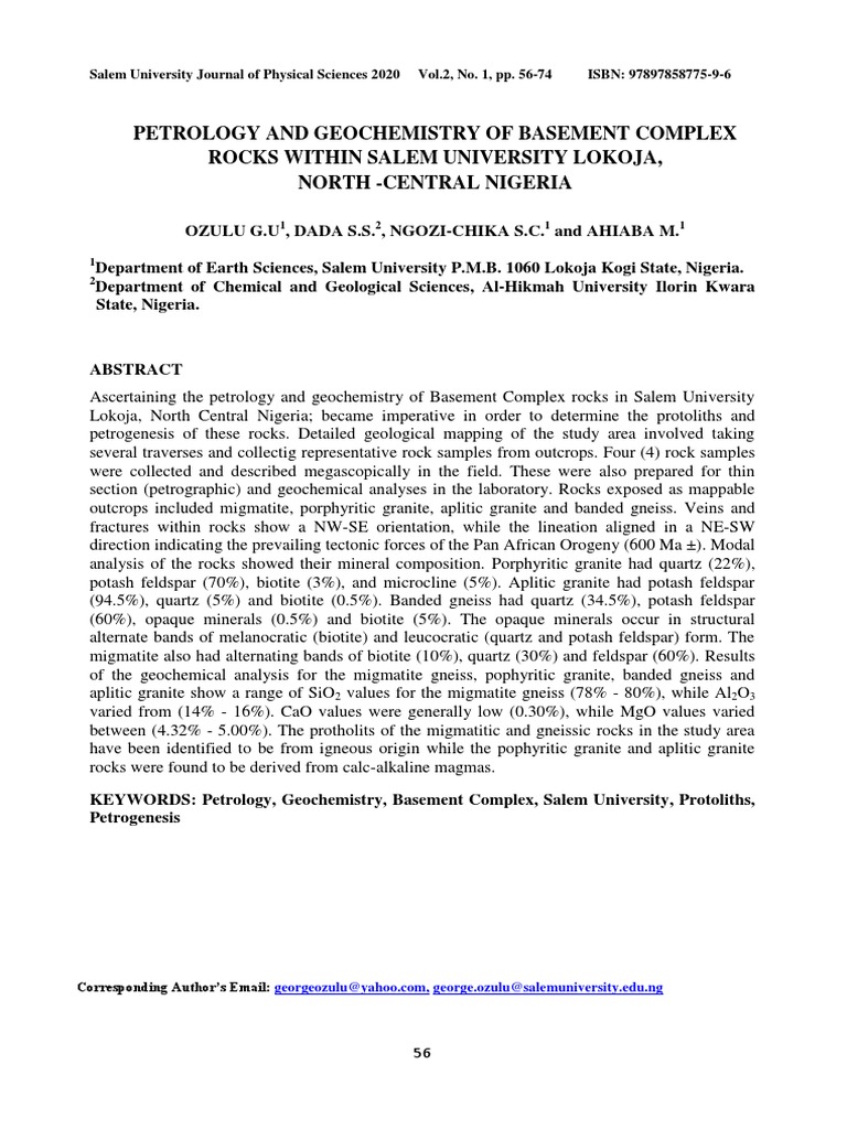 Petrology and Geochemistry of Basement Complex Rocks Within Salem ...