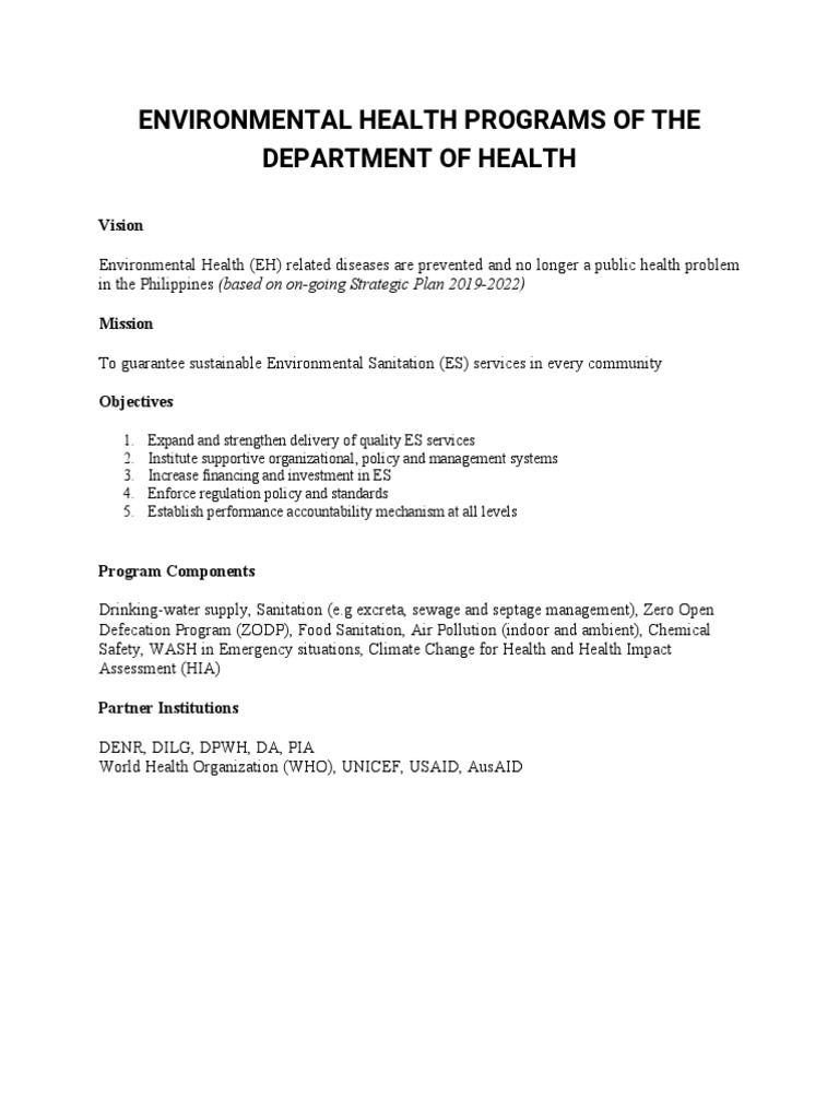 ENVIRONMENTAL HEALTH PROGRAMS of The DEPARTMENT OF HEALTH | PDF ...