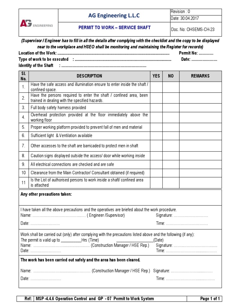 OHSEMS CH 23 Shaft Permit | PDF | Safety | Occupational Safety And Health