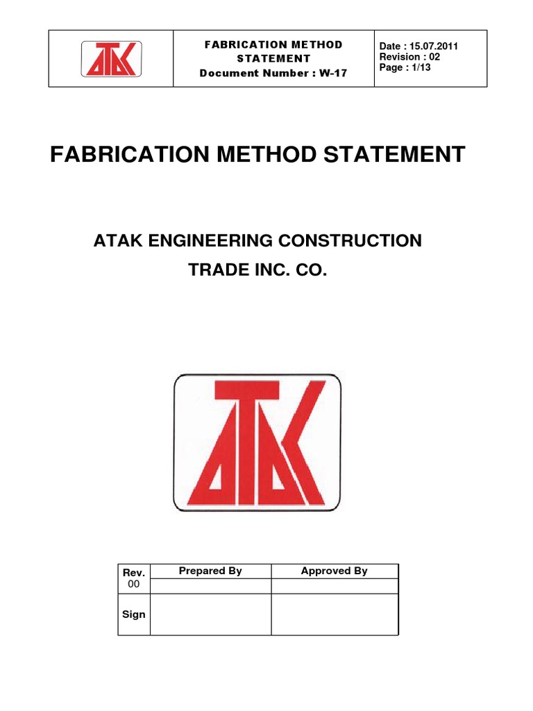 Fabrication Method Statement | PDF | Metal Fabrication | Welding