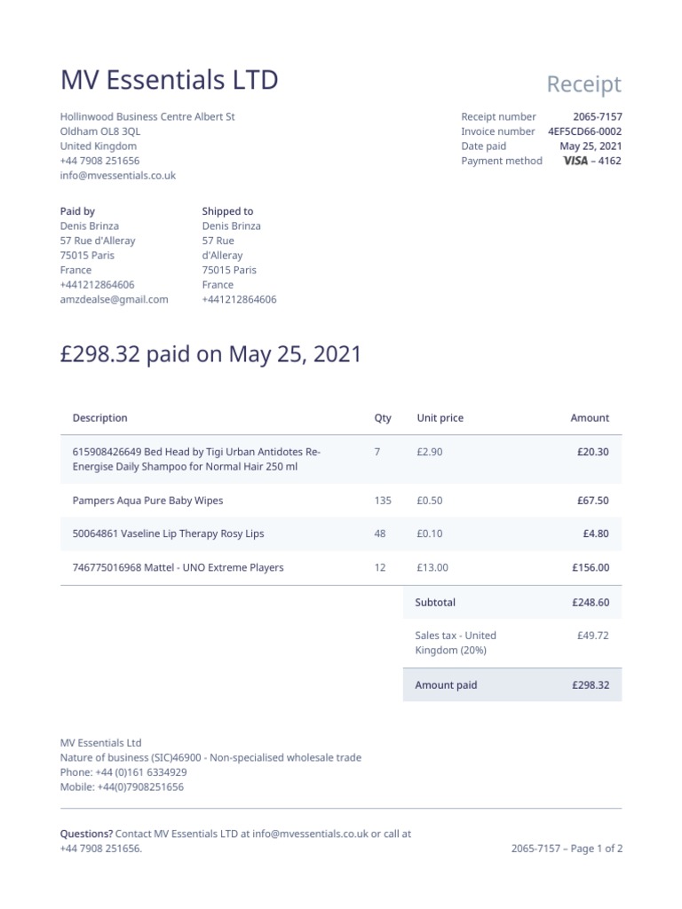 MV Essentials LTD: 298.32 Paid On May 25, 2021 | PDF | Receipt ...