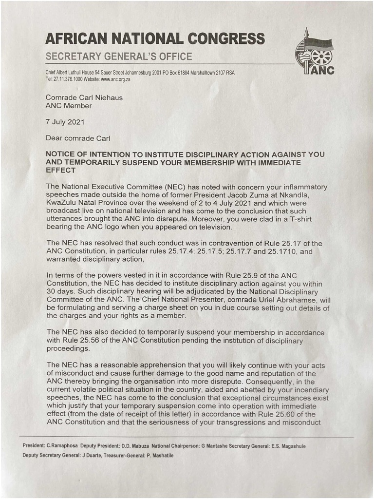 NEC Letter of Suspension To Cde. Carl Niehaus | PDF