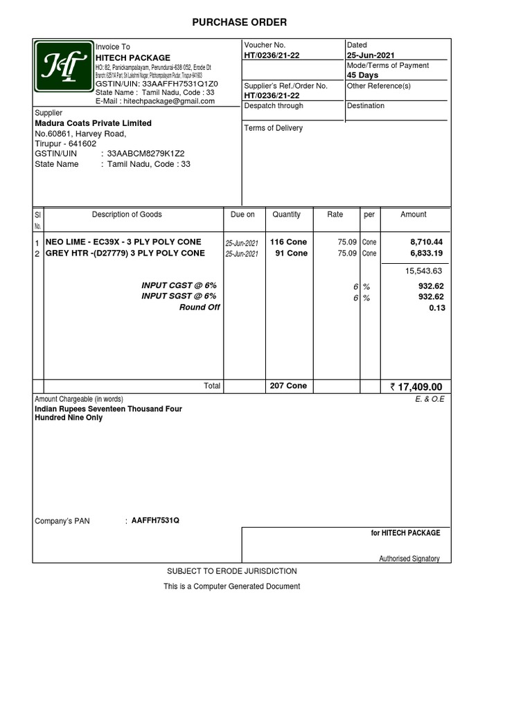 Purchase Order: No.60861, Harvey Road, Tirupur - 641602 Gstin/Uin ...