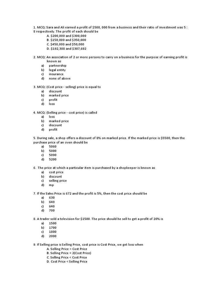 Business Math Practice Quiz | PDF | Prices | Sales