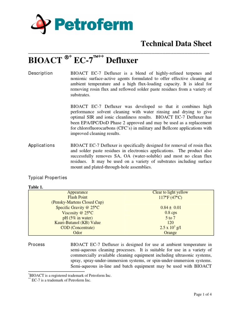 Bioact EC-7 Defluxer: Technical Data Sheet | PDF | Resource ...