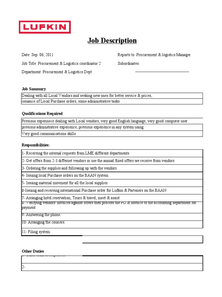 12-Job Description Local Procurement Coordinator | PDF | Business ...