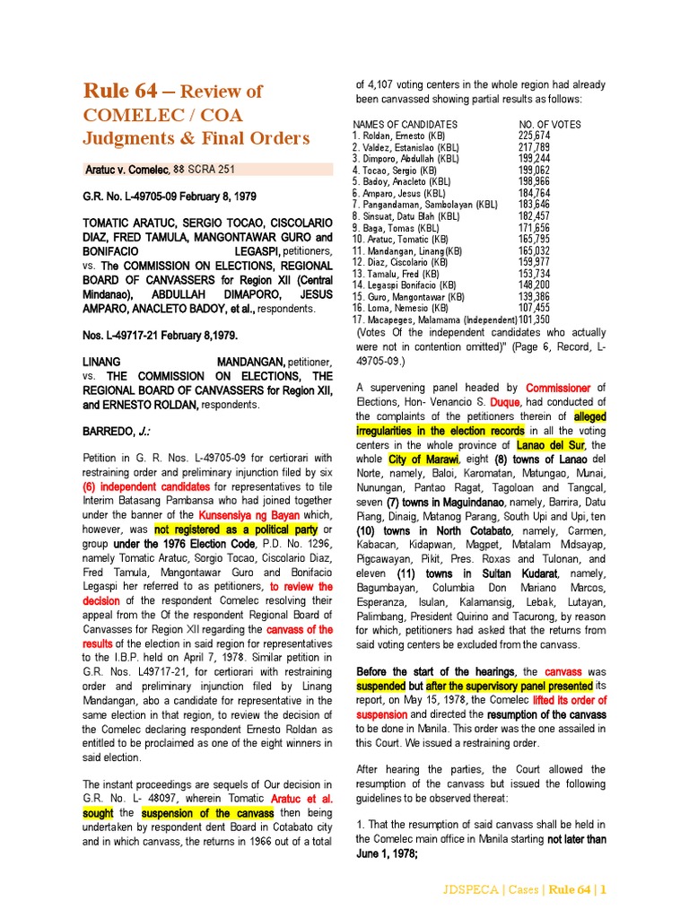 Rule 64 - : Review of Comelec / Coa Judgments & Final Orders | PDF ...