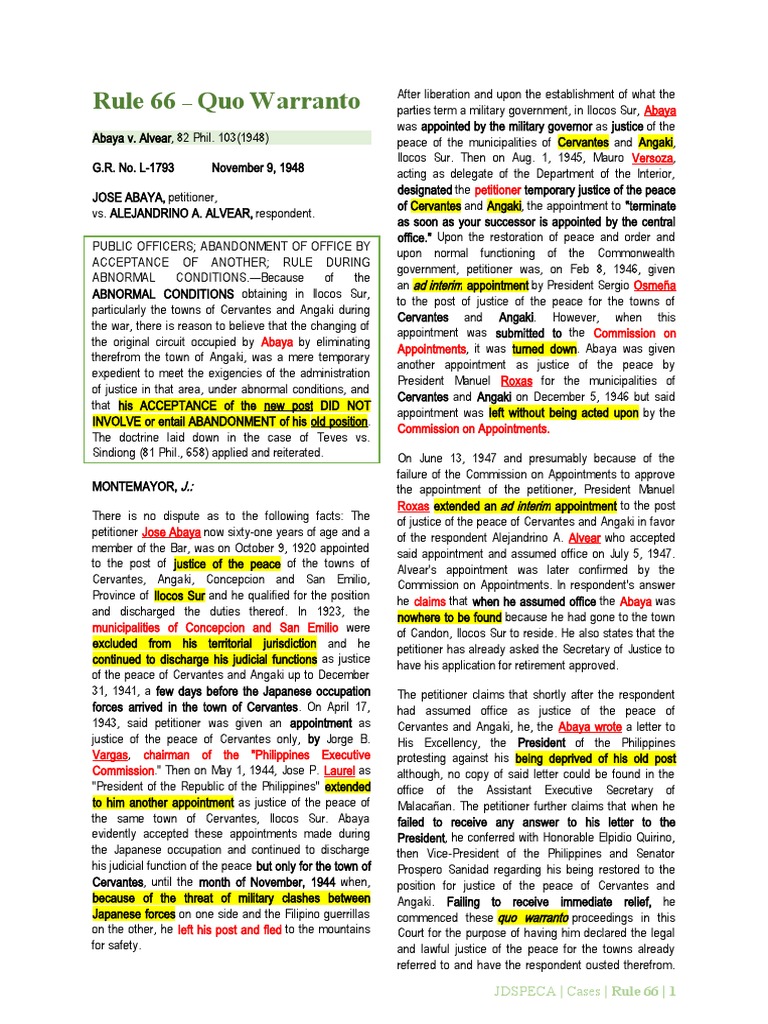 Quo Warranto Case: Abaya vs. Alvear | PDF | President Of The ...