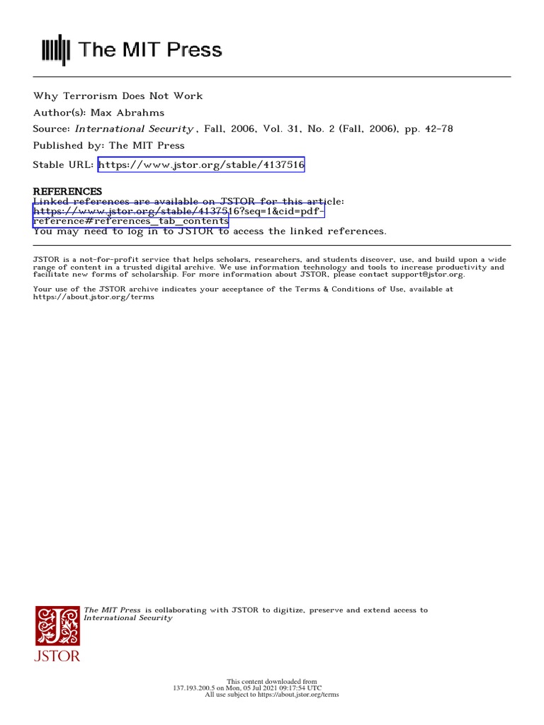 Abrams - Why Terrorism Does Not Work | PDF | Suicide Attack | Palestinian Political Violence