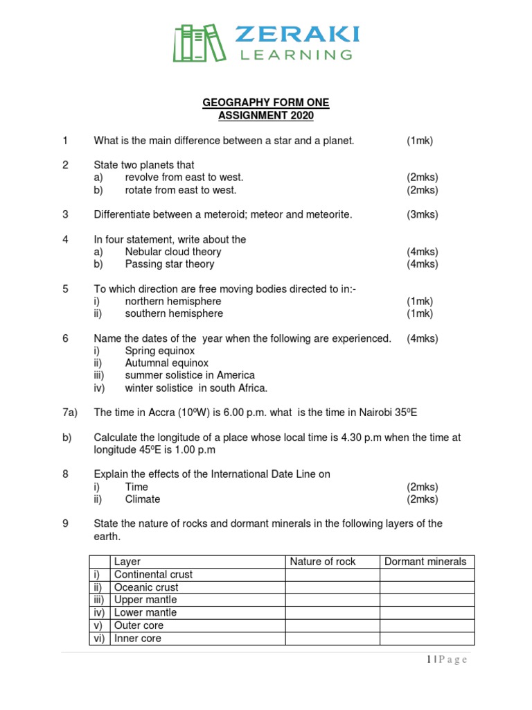 Geography Form 1 Assignment 2020 | PDF
