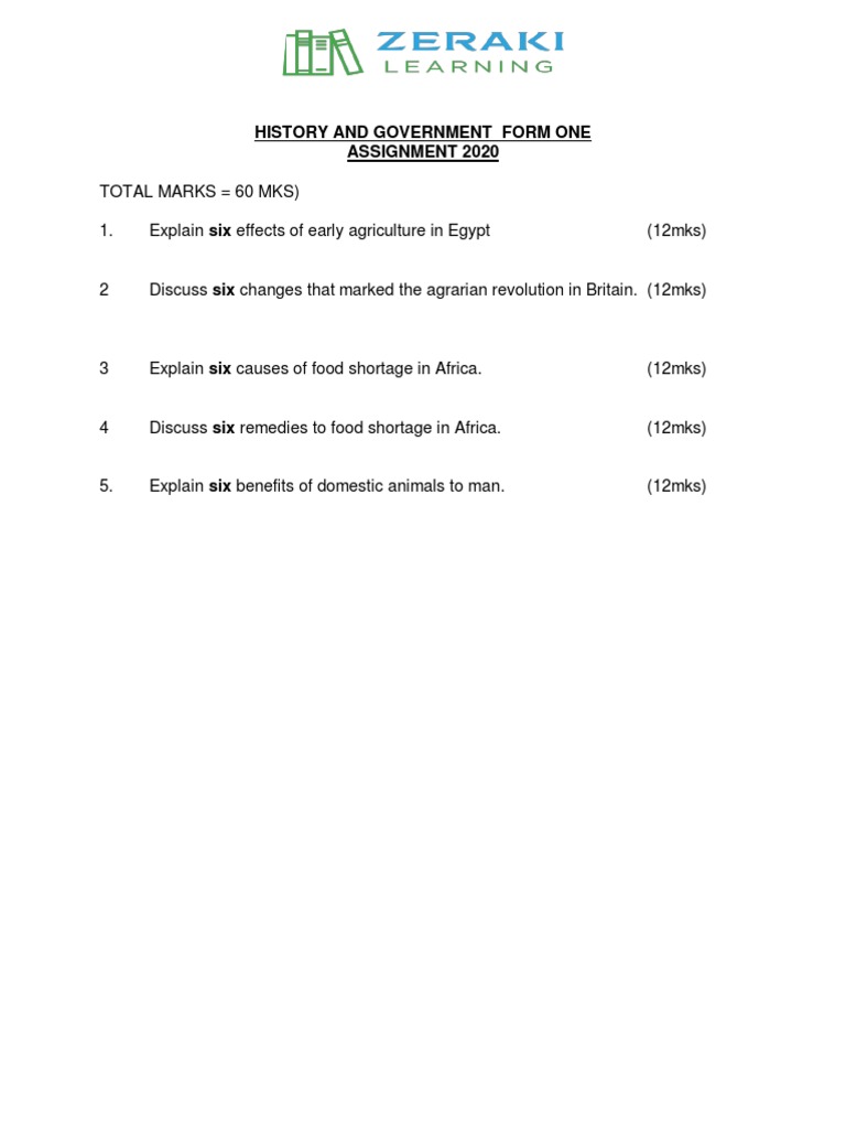 History and Government Form One Assignment 2020 | PDF