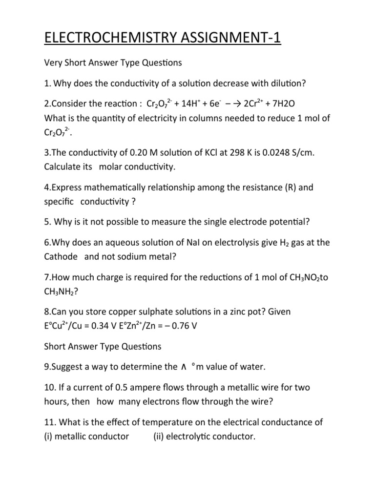 Electrochemistry Assignment-1 | PDF | Electrochemistry | Electrical ...