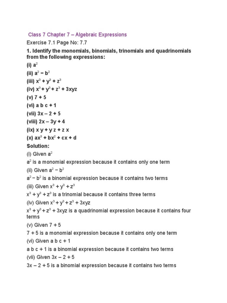Class 7 Chapter 7 - Algebraic Expressions | PDF | Bracket | Elementary ...