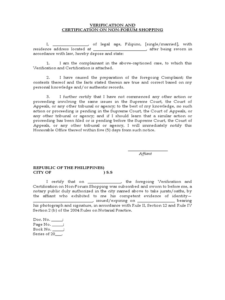 Sample Verification and Certification On Non-Forum Shopping | PDF