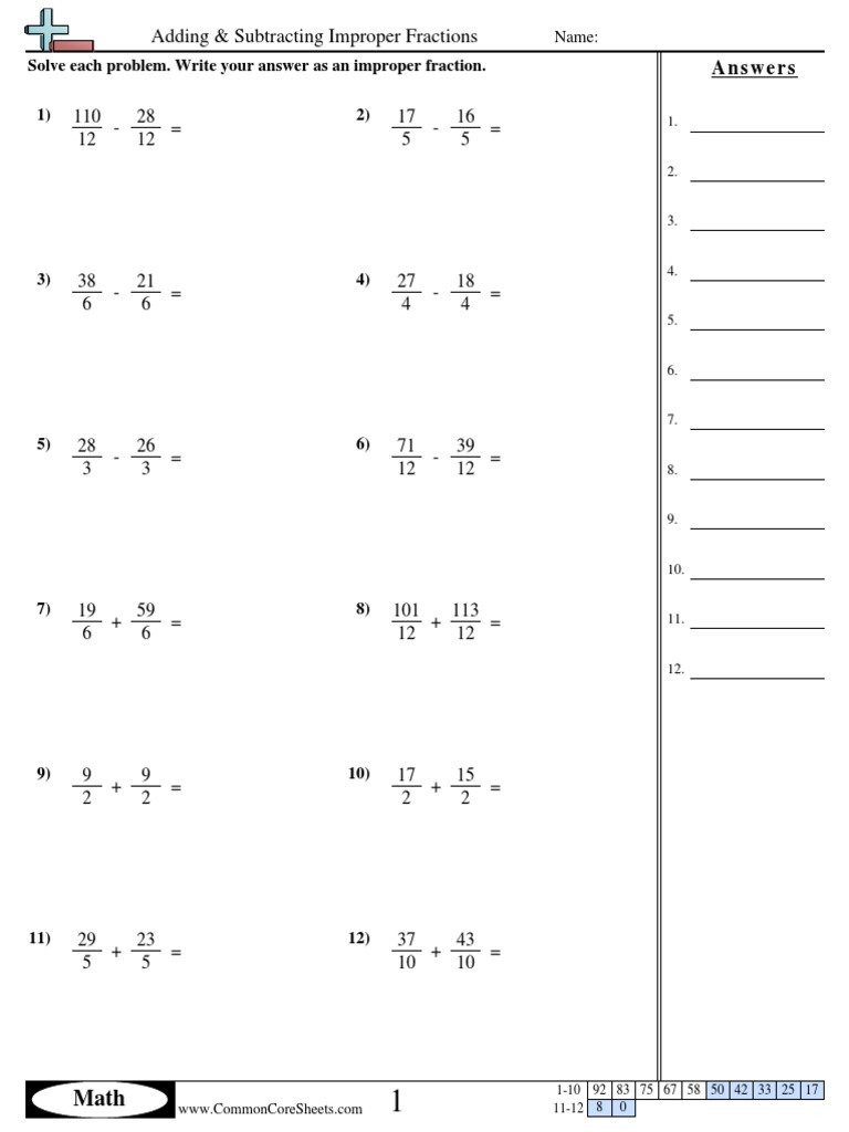 Adding & Subtracting Improper Fractions: Solve Each Problem. Write Your ...