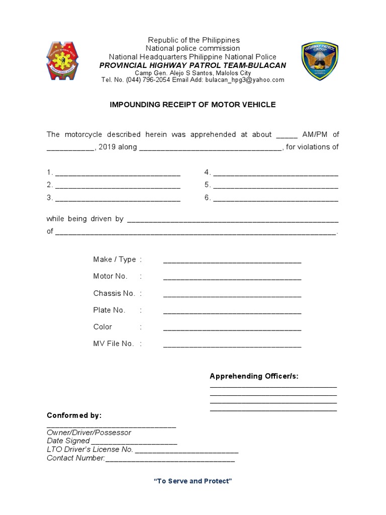 Impounding Receipt of Motor Vehicle: Provincial Highway Patrol Team ...
