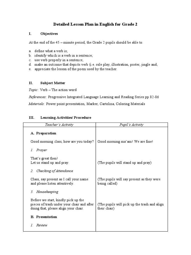 Grade 2 English Lesson Plan on Verbs | PDF | Verb | English Language