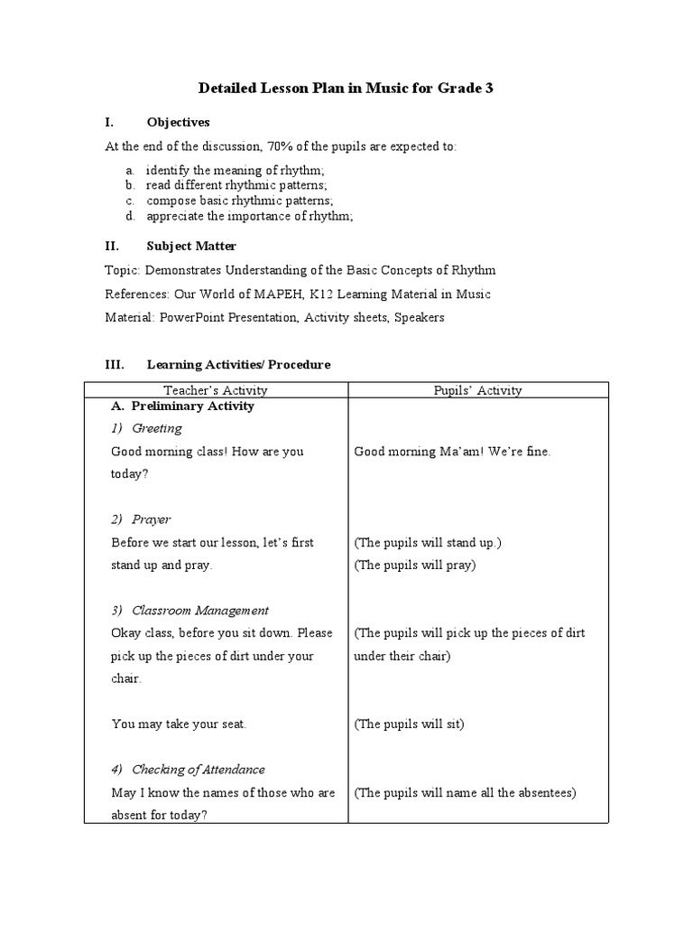Detailed Lesson Plan in Music For Grade 3: I. Objectives | PDF | Rhythm ...