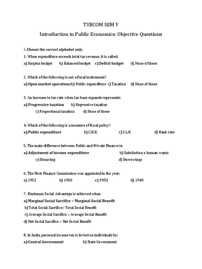 Public Economics MCQs Long | PDF | Government Budget Balance ...