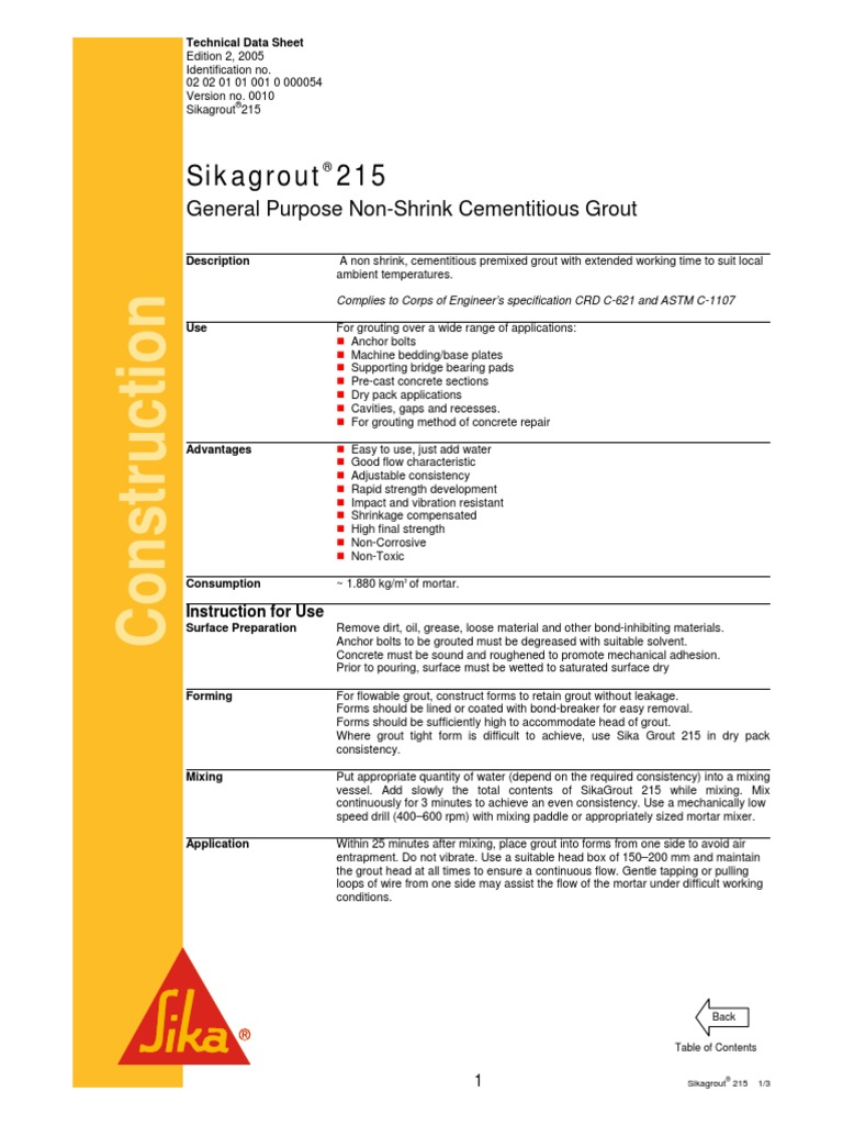 Sikagrout 215: General Purpose Non-Shrink Cementitious Grout | PDF | Concrete | Civil Engineering