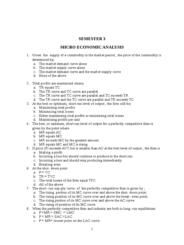 Semester 3 Micro Economic Analysis: A. B. C. D | PDF | Oligopoly ...