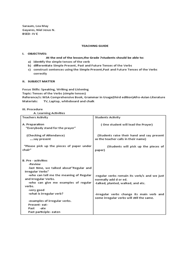 Detailed Lesson Plan | PDF | Verb | Grammatical Tense