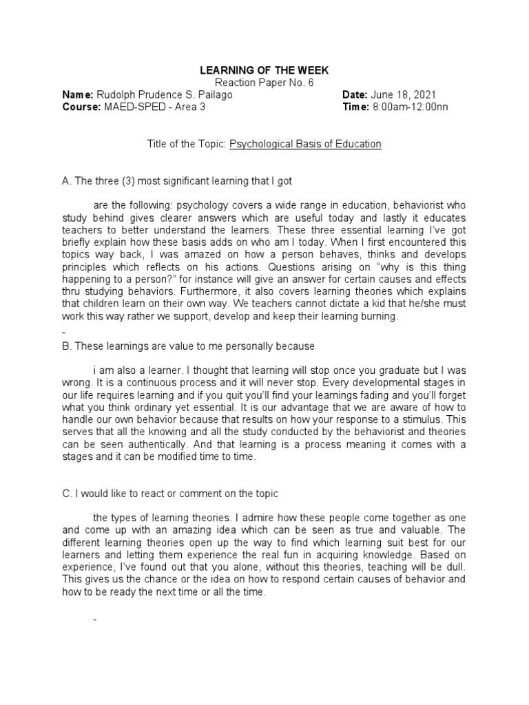 Educ - 201 - Learning of The Week#6 | PDF | Behaviorism | Learning