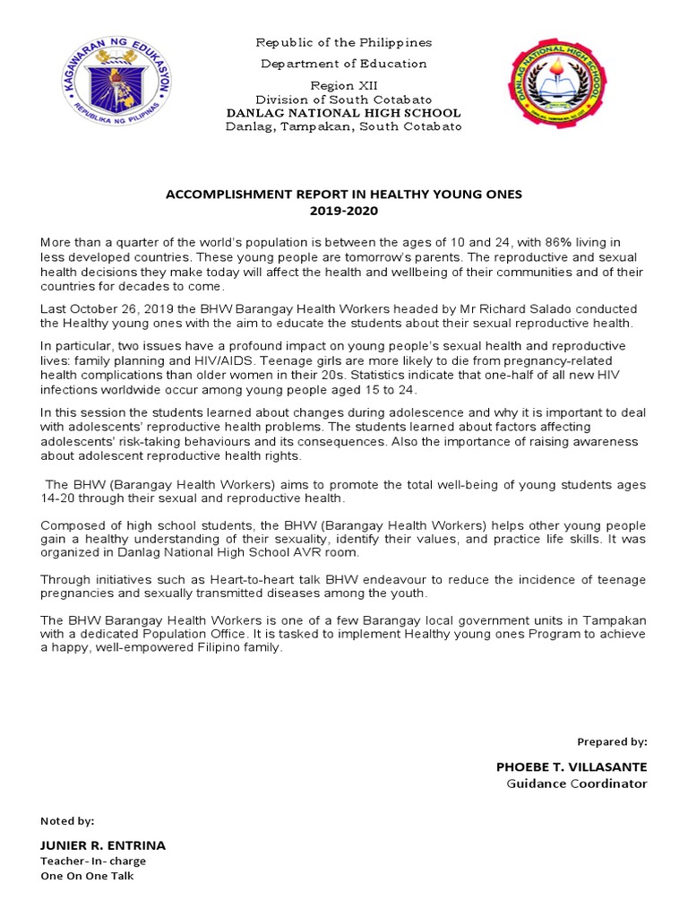 Healthy Young Ones Accomplishment Report | PDF | Reproductive Health ...