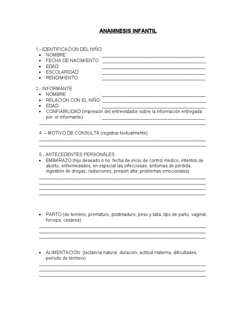 Anamnesis Infantil Completa y Detallada | PDF | Sistema nervioso | Aprendizaje