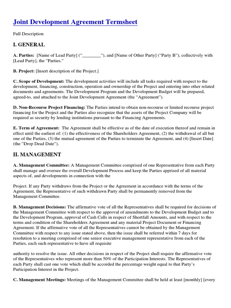 Joint Development Agreement Termsheet | PDF | Indemnity | Arbitration