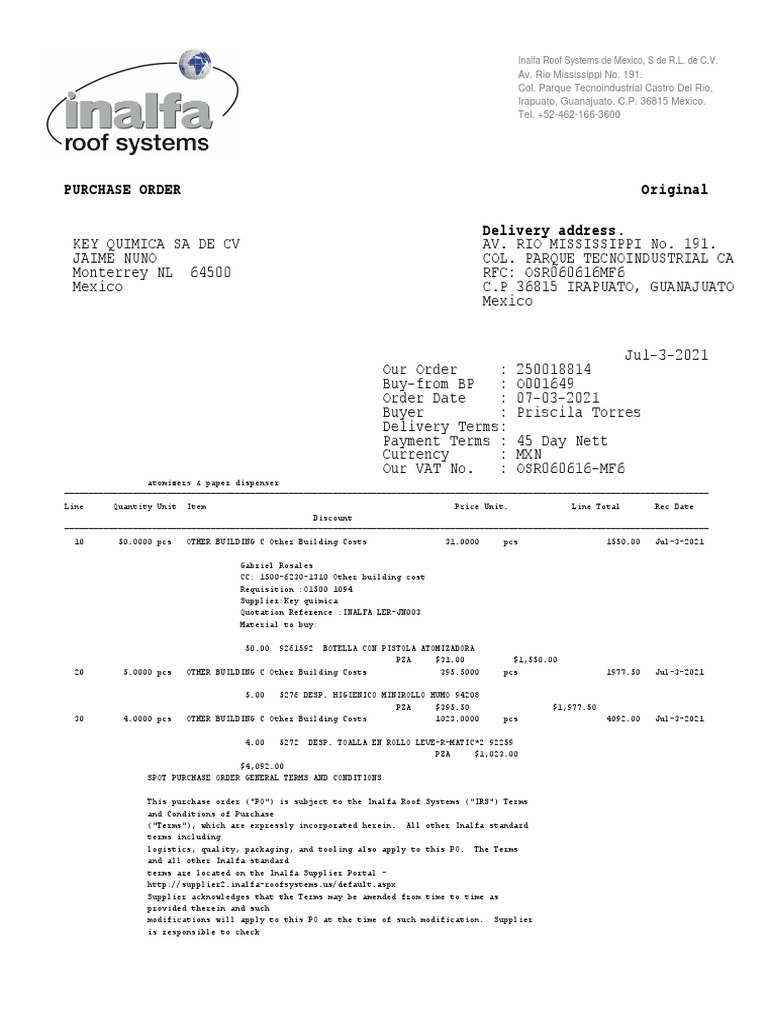 Inalfa Mexico Purchase Order Details | PDF | Trade | Government Finances