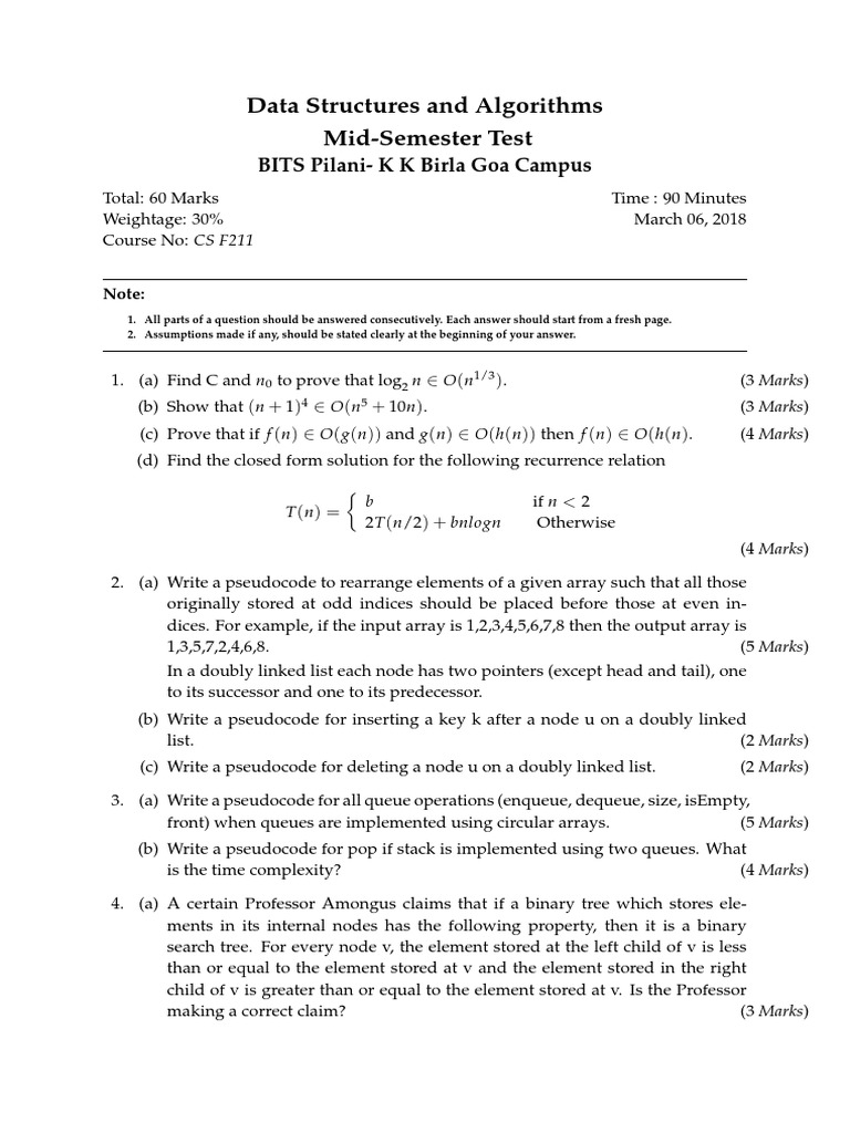 Data Structures and Algorithms Mid-Semester Test: An In-Depth Analysis ...