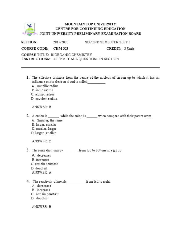 CHM 003 Test I | PDF | Ion | Ionic Bonding