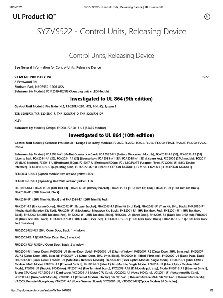 SYZV.S522 - Control Units, Releasing Device - UL Product Iq | Download ...