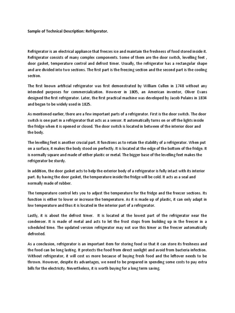 Sample of Technical Description: Refrigerator | PDF | Refrigerator ...