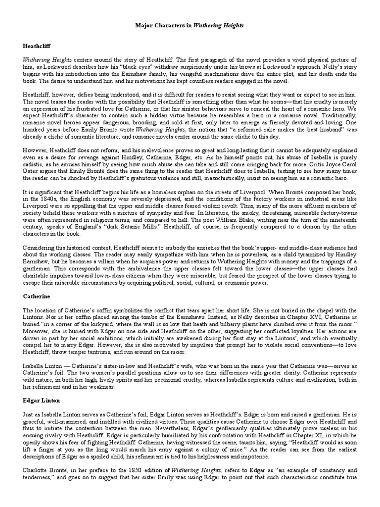 Major Characters in Wuthering Heights | PDF | Heathcliff (Wuthering ...