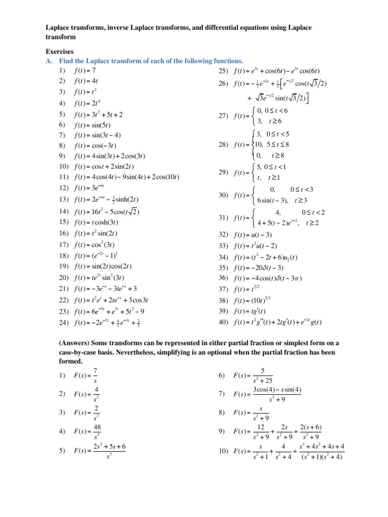 Laplace Transforms (Exercises) | PDF | Laplace Transform | Differential Equations