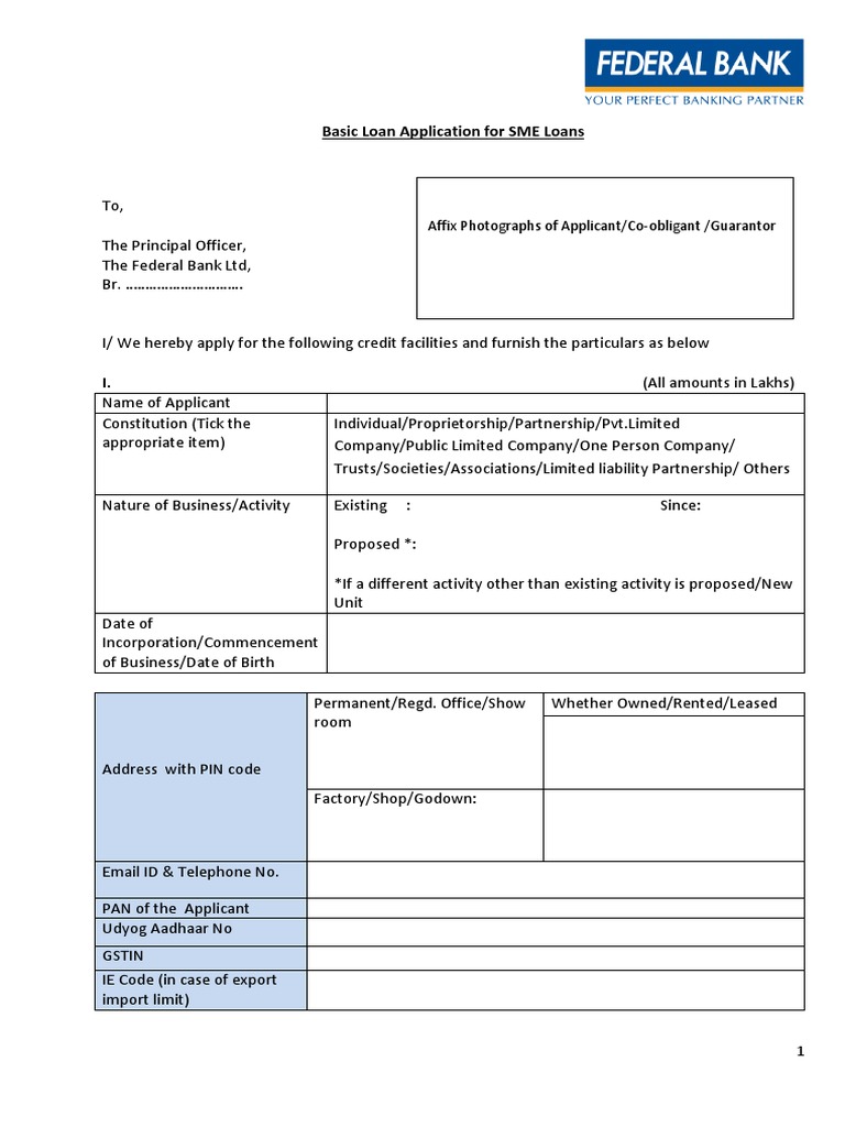 Basic Loan Application For SME Loans: Affix Photographs of Applicant/Co ...