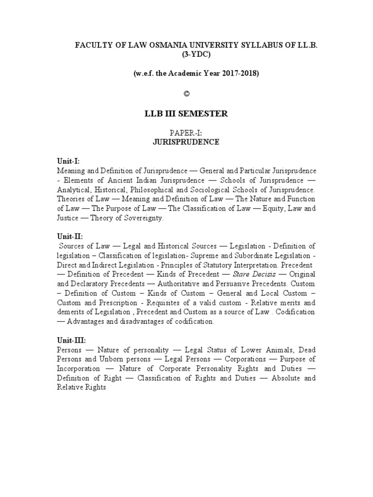 FACULTY OF LAW OSMANIA UNIVERSITY 3rd Semester SYLLABUS OF LLB 3yr ...