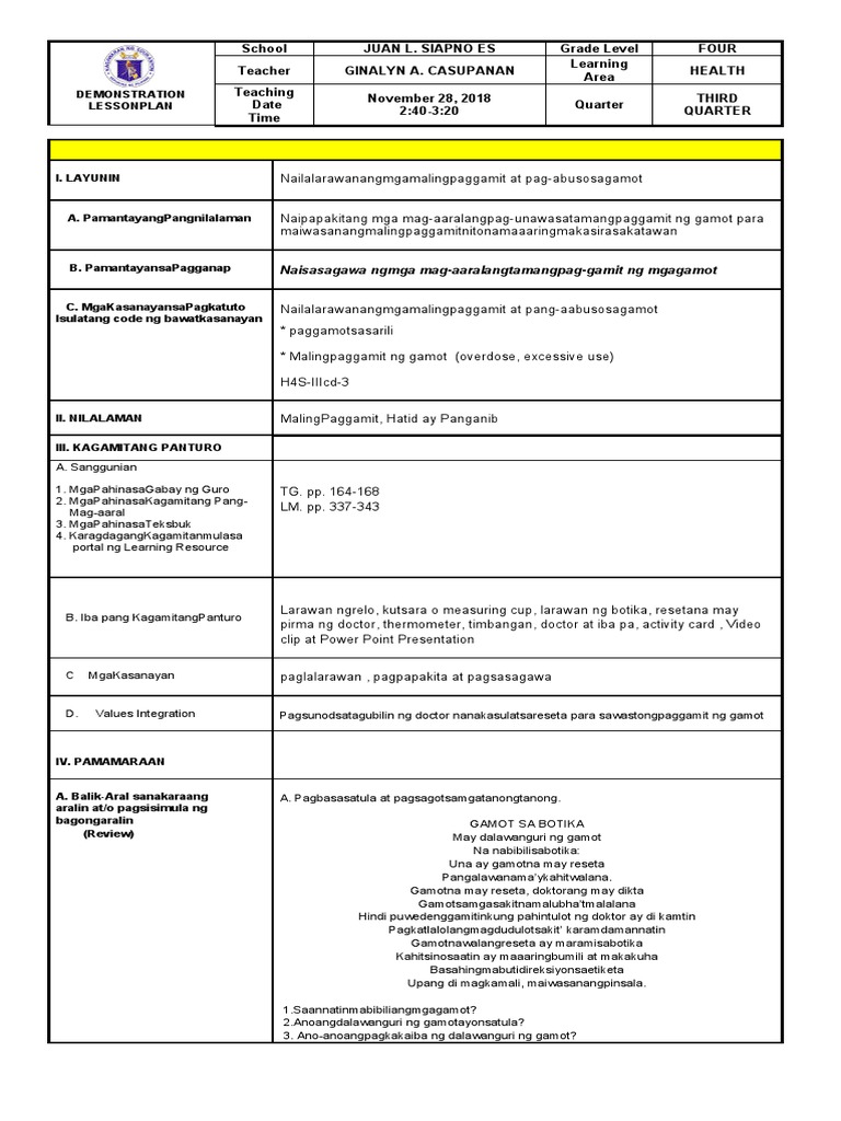 Health 3rd Grading DLP For Cot 2018-2019 | PDF