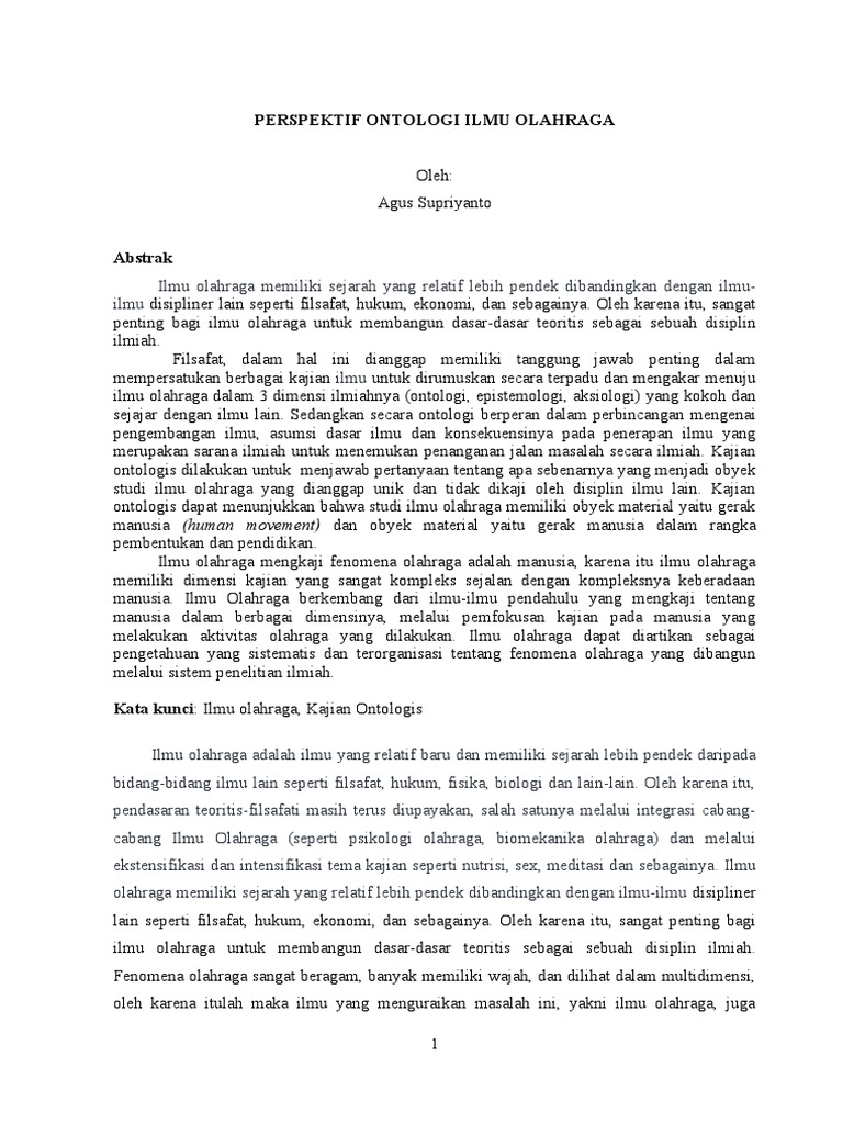 TUGAS PERSPEKTIF ONTOLOGI ILMU OLAHRAGA Agus Supriyanto | PDF