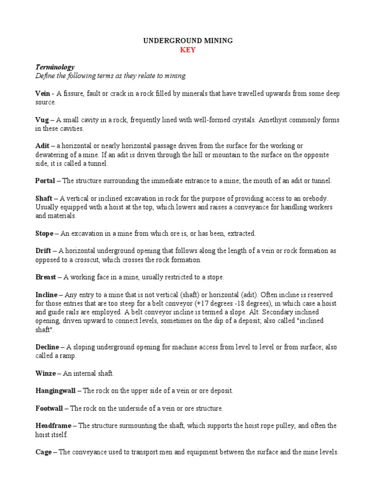 Underground Mining Worksheet Key | PDF | Mining | Rock (Geology)