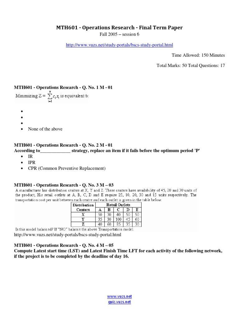 MTH601 Operations Research Exam 2005 | PDF | Mathematical Optimization ...